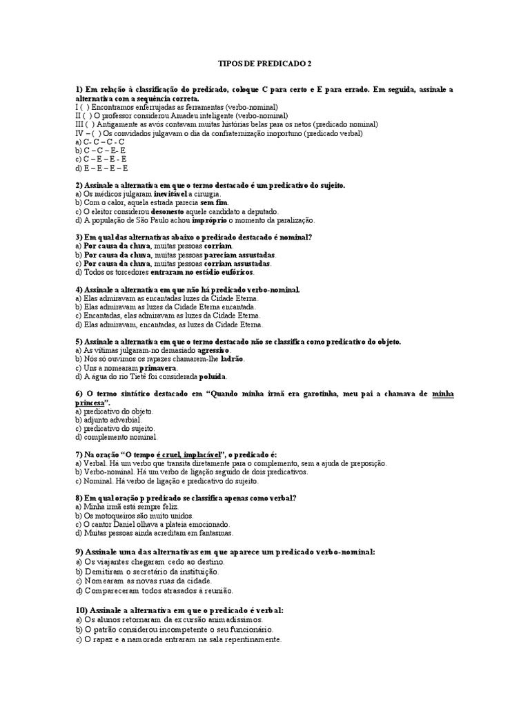 Exercícios de Predicado 2 | PDF | Predicado (gramática) | Assunto (gramática)