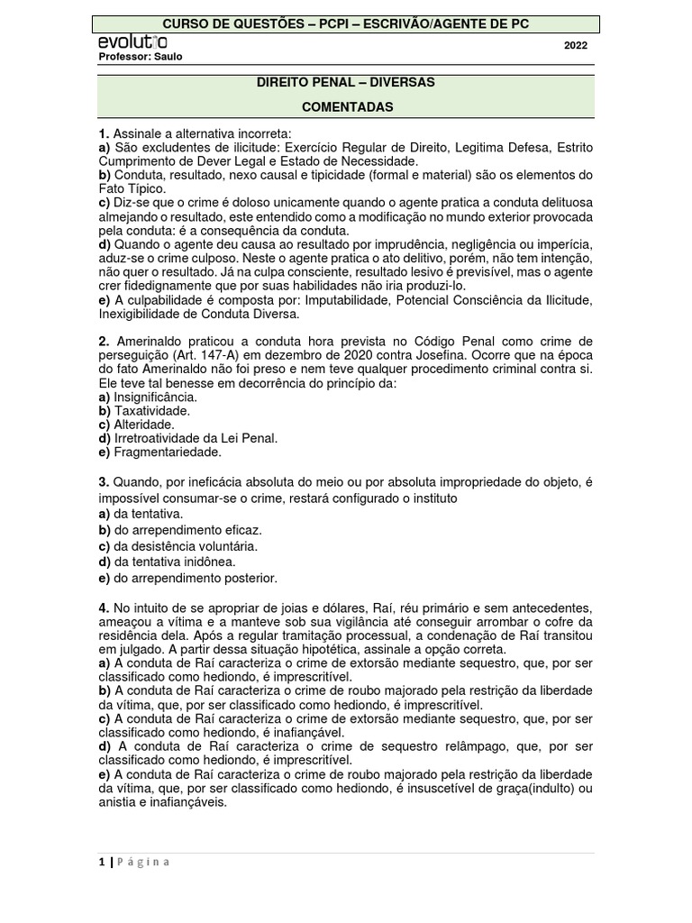 Questões - PCPI - Aula Bônus | PDF | Extorsão | Crime e Violência