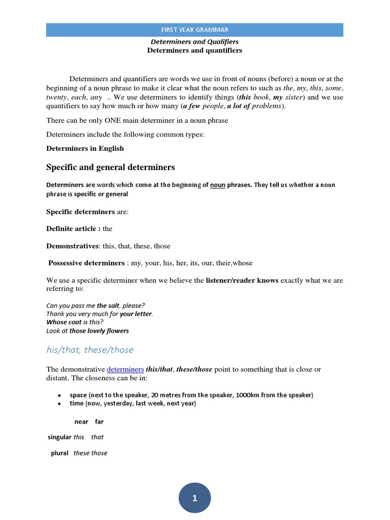 Determiners and Quantifiers | PDF | Noun | Grammatical Number