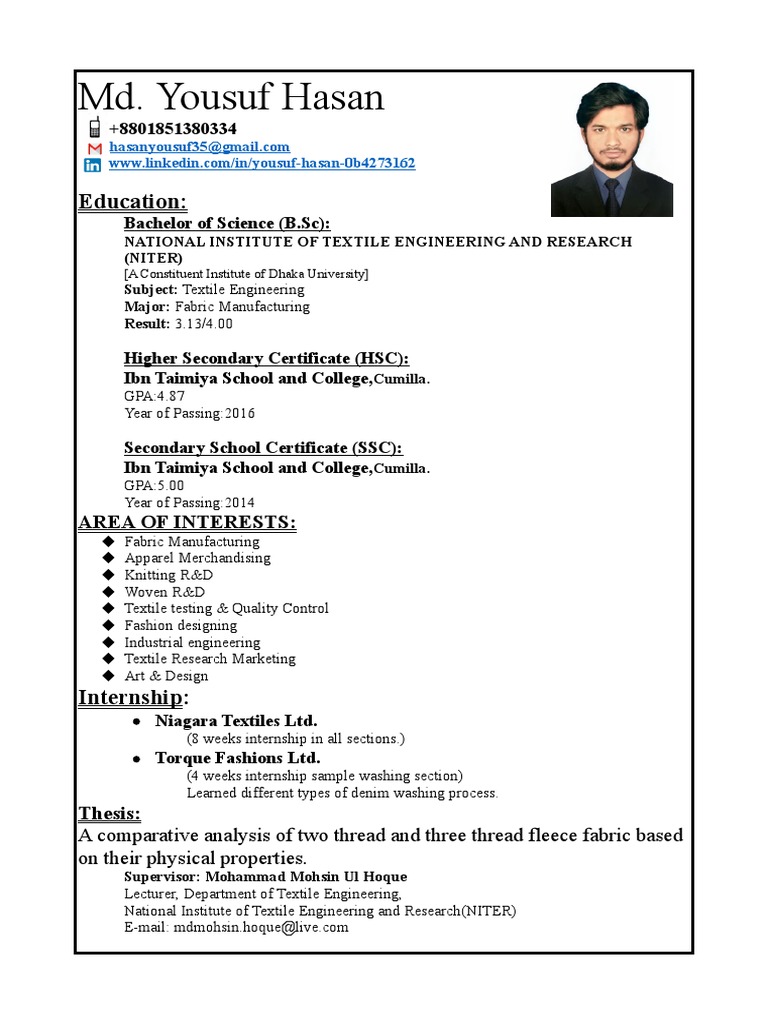 CV of MD Yousuf Hasan | PDF | Textiles | Bangladesh