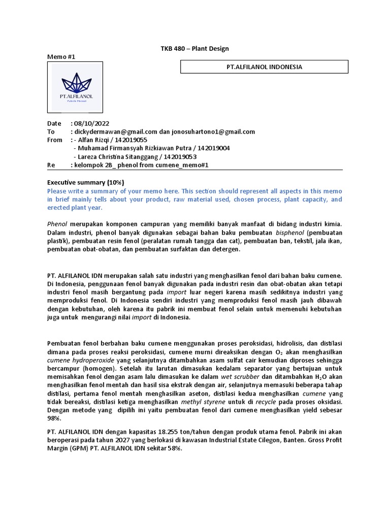 TKB 480 Progress Memo 1 - Kelompok 2B - Pembuatan Phenol | PDF