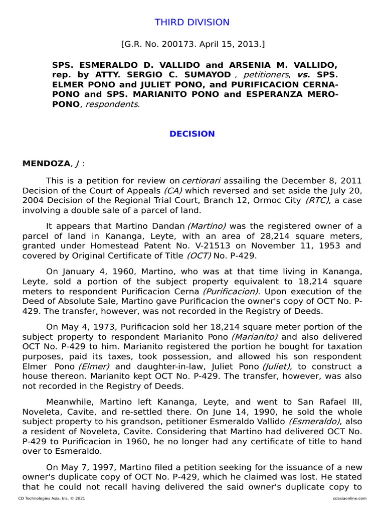 Vallido v. Pono, 696 SCRA 381 (2013) . | PDF | Title (Property) | Deed