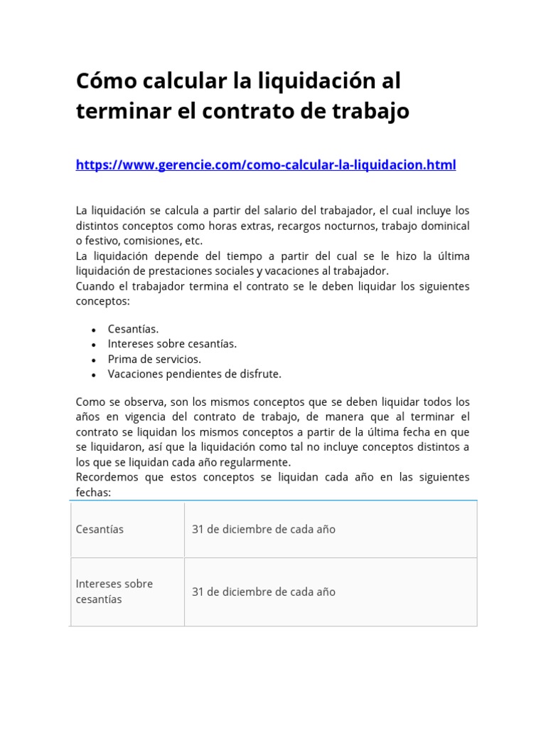 Cómo Calcular La Liquidación Al Terminar El Contrato de Trabajo | PDF ...
