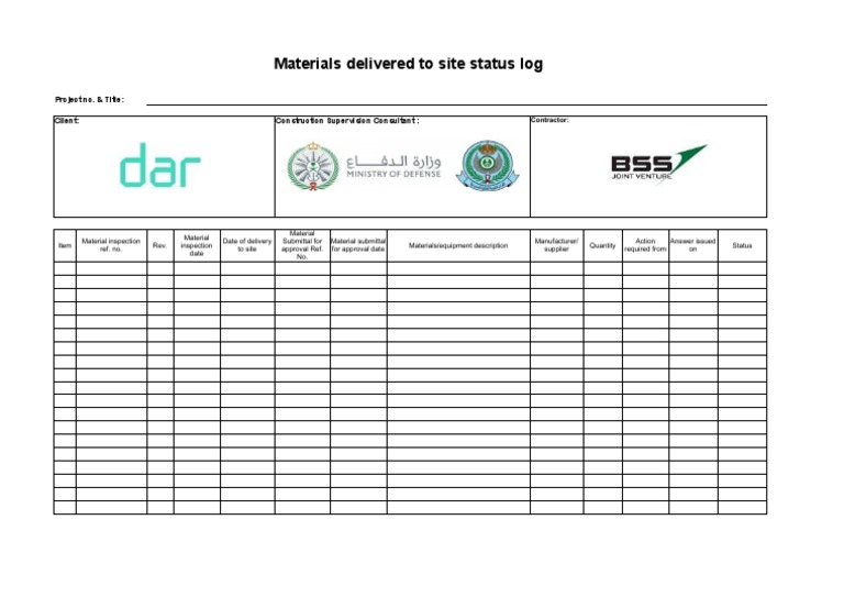Materials Delivered To Site Status Log | PDF