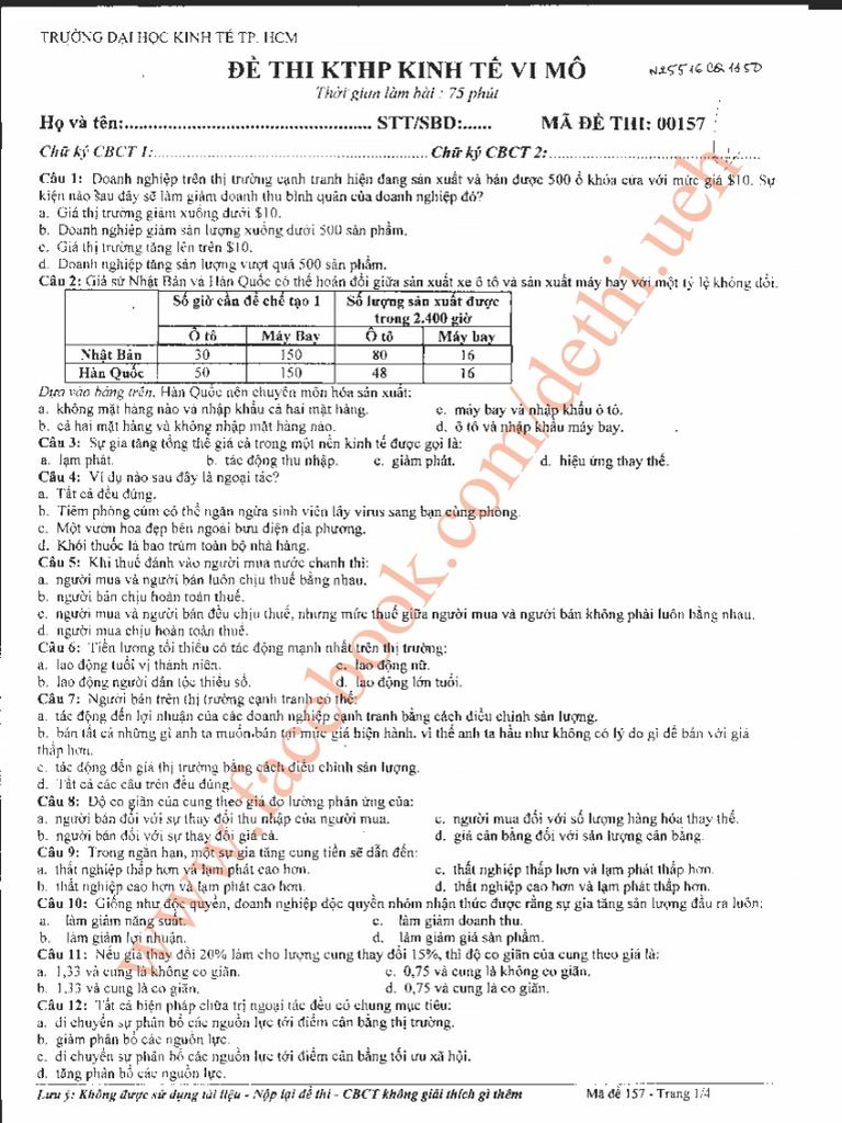 Đề Thi Kthp Kinh Tế Vi Mô k41 Ueh Đề 157 | PDF