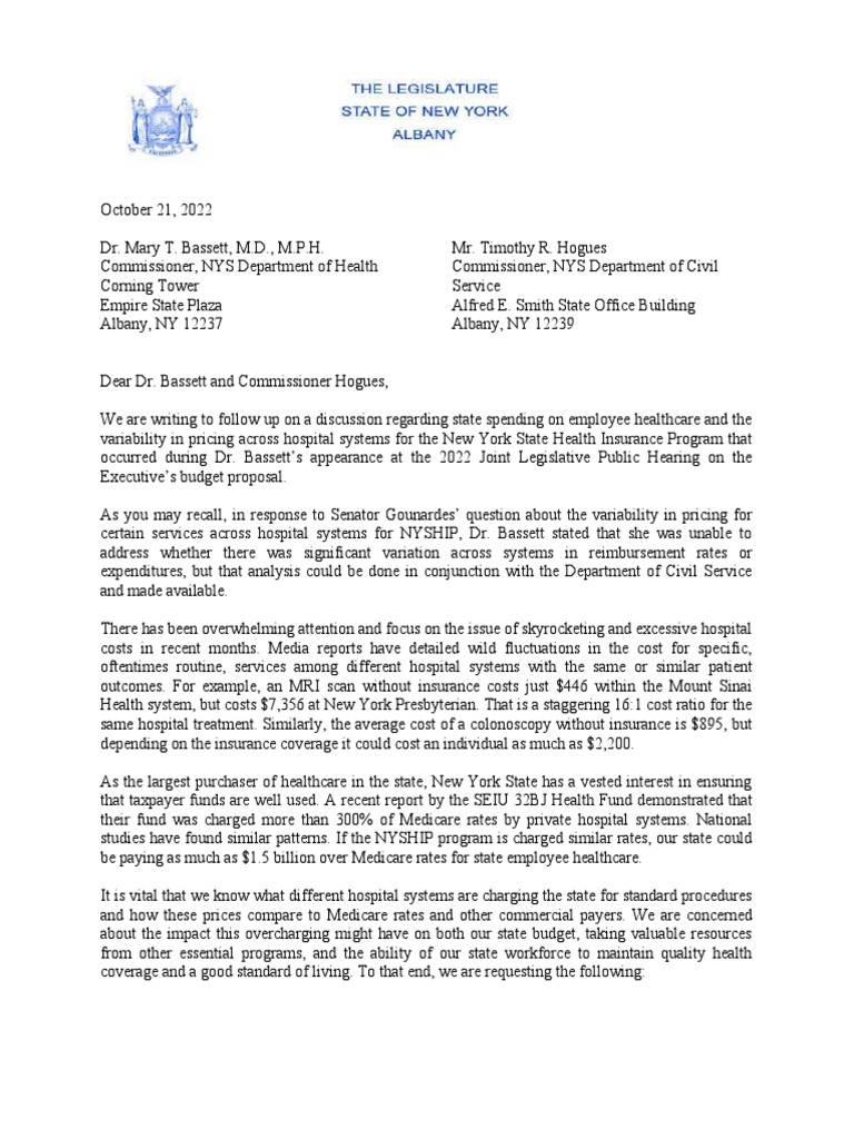 Sen. Gounardes's Letter To DoH Re NYSHIP 10.21.22 | PDF | Medicare ...