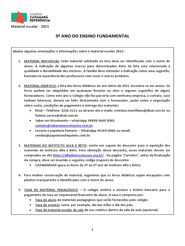 Material Escolar Referencia 3o Ef 2021 | PDF