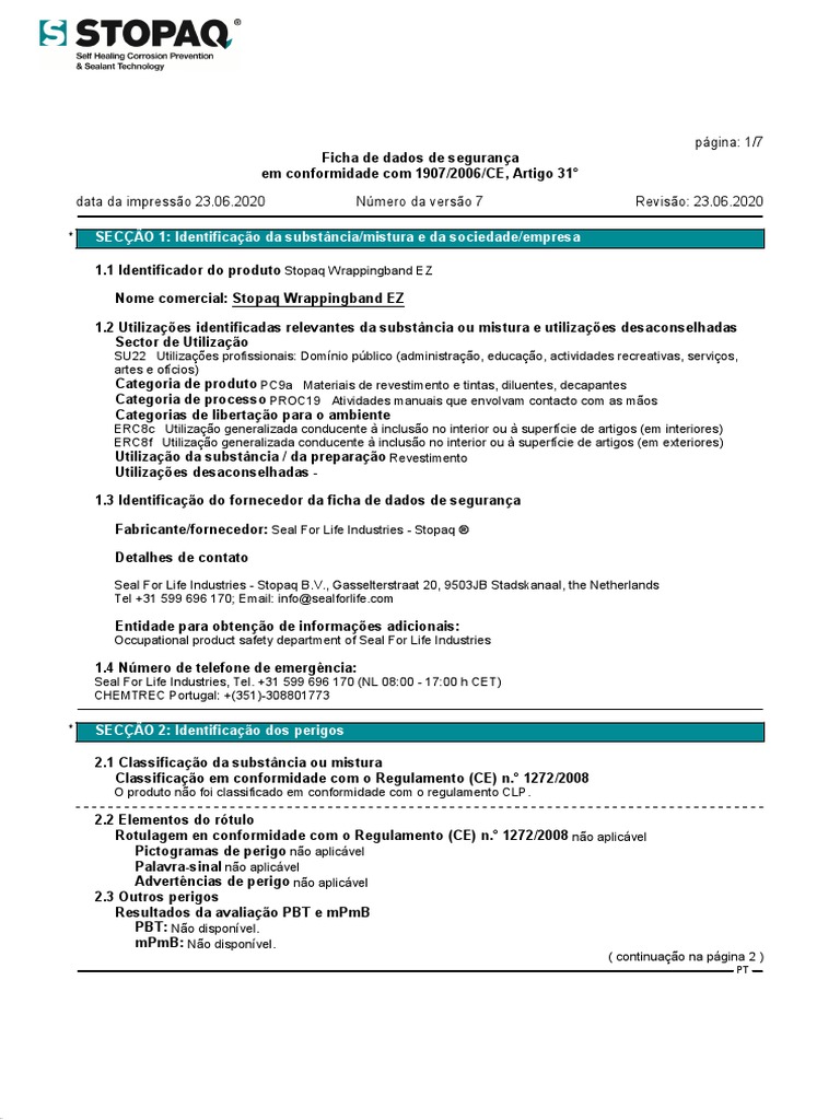 SDS Stopaq Wrappingband EZ (PT PT) V7 | PDF | Desperdício | Vapor