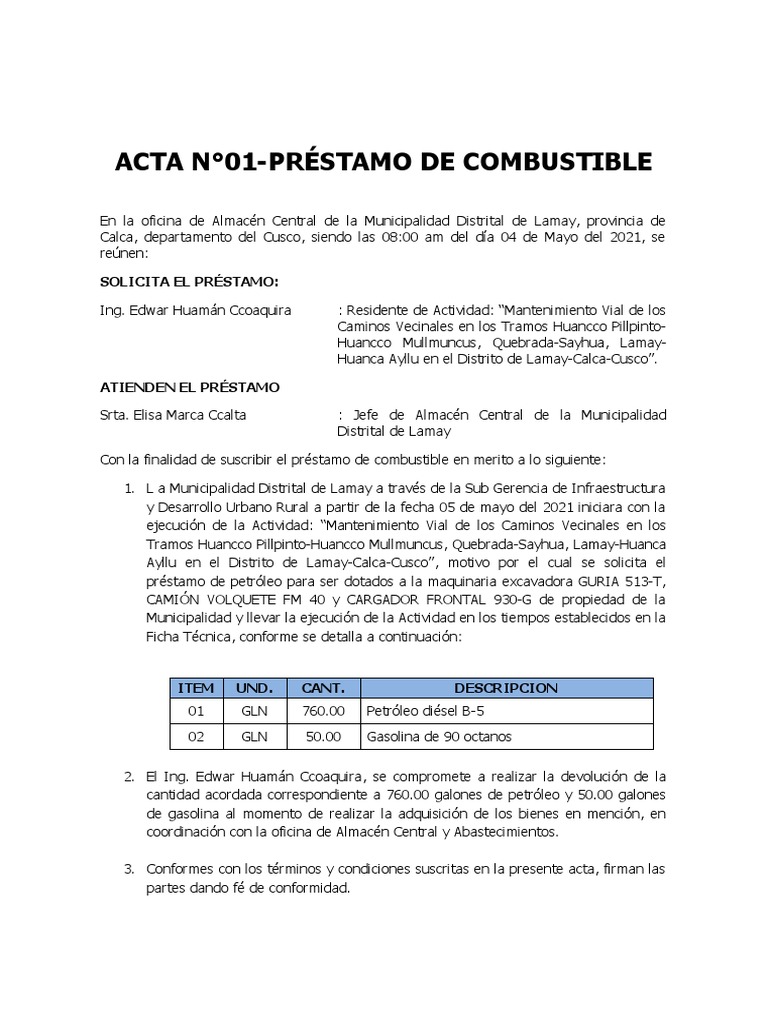 Acta de Prestamo de Combustible | PDF