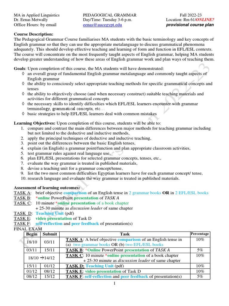 2022-23 Pedagogical Grammar Provisional Class Plan | PDF | Teaching Method | English As A Second ...
