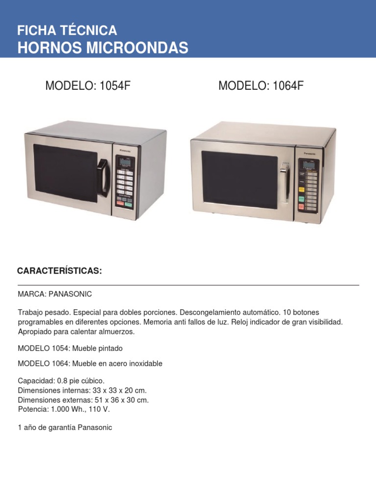 Características y especificaciones de los hornos microondas Panasonic modelos 1054F y 1064F | PDF