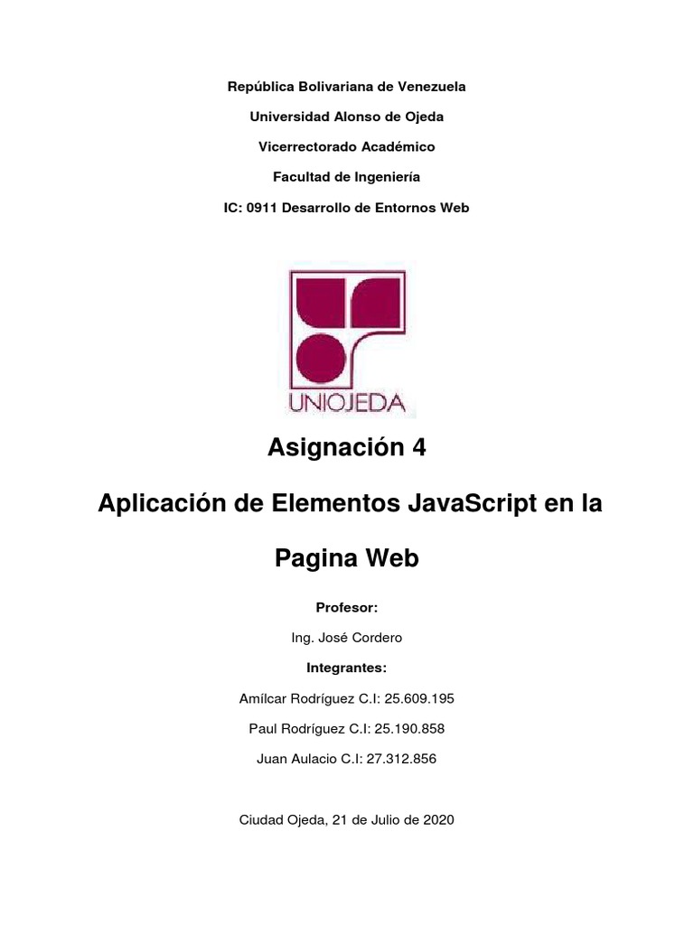 Asignacion 4 Aplicacion JavaScript en La Pagina Web Desarrollo de ... Asignacion 4 Aplicacion JavaScript en La Pagina Web Desarrollo de ...