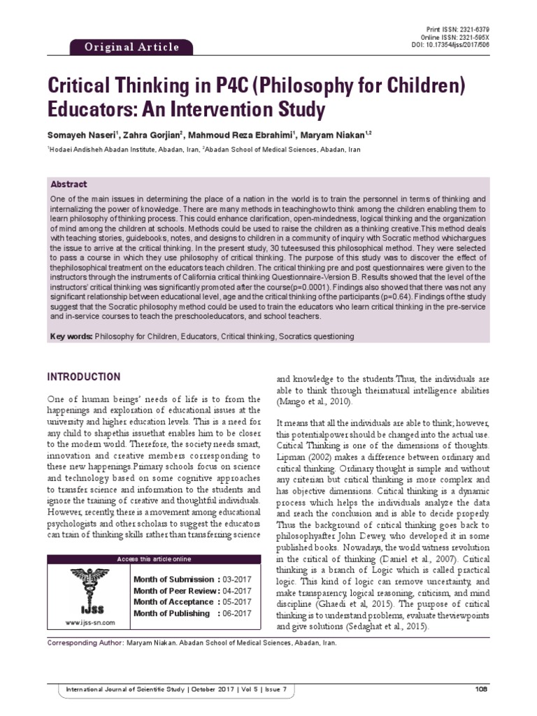 Critical Thinking in P4C (Philosophy For Children) Educators An Intervention Study | Download ...