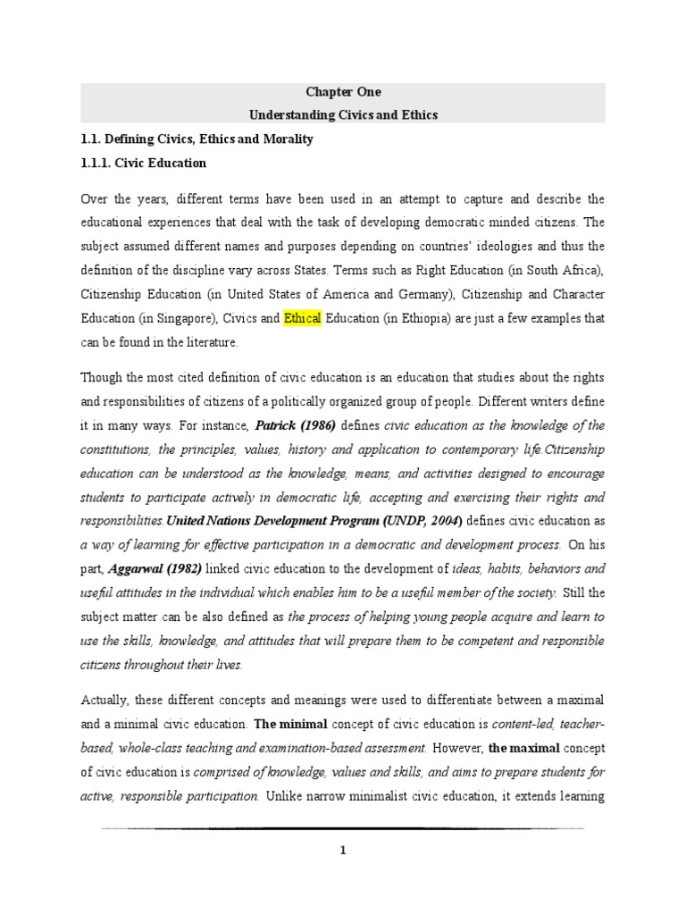Chapter One Understanding Civics and Ethics 1.1. Defining Civics, Ethics and Morality 1.1.1 ...