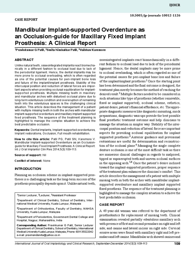 Mandibular Implant Supported Overdenture As Occlusal Guide, Case Report | PDF | Dental Implant ...