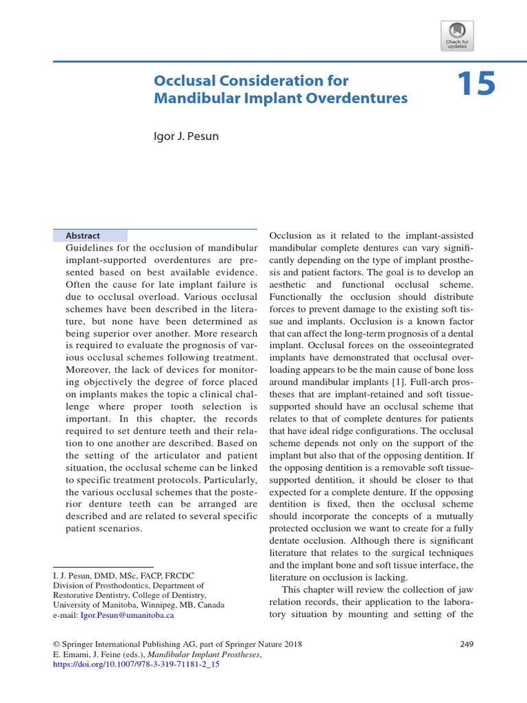 Occlusal Consideration For Mandibular Implant Overdentures | PDF | Dental Implant | Dentures
