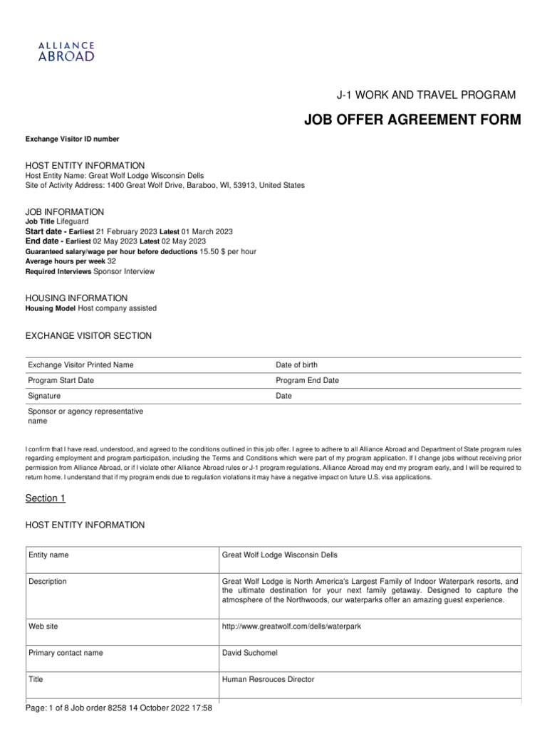 Job Offer Agreement Form: J-1 Work and Travel Program | PDF | Shoe ...