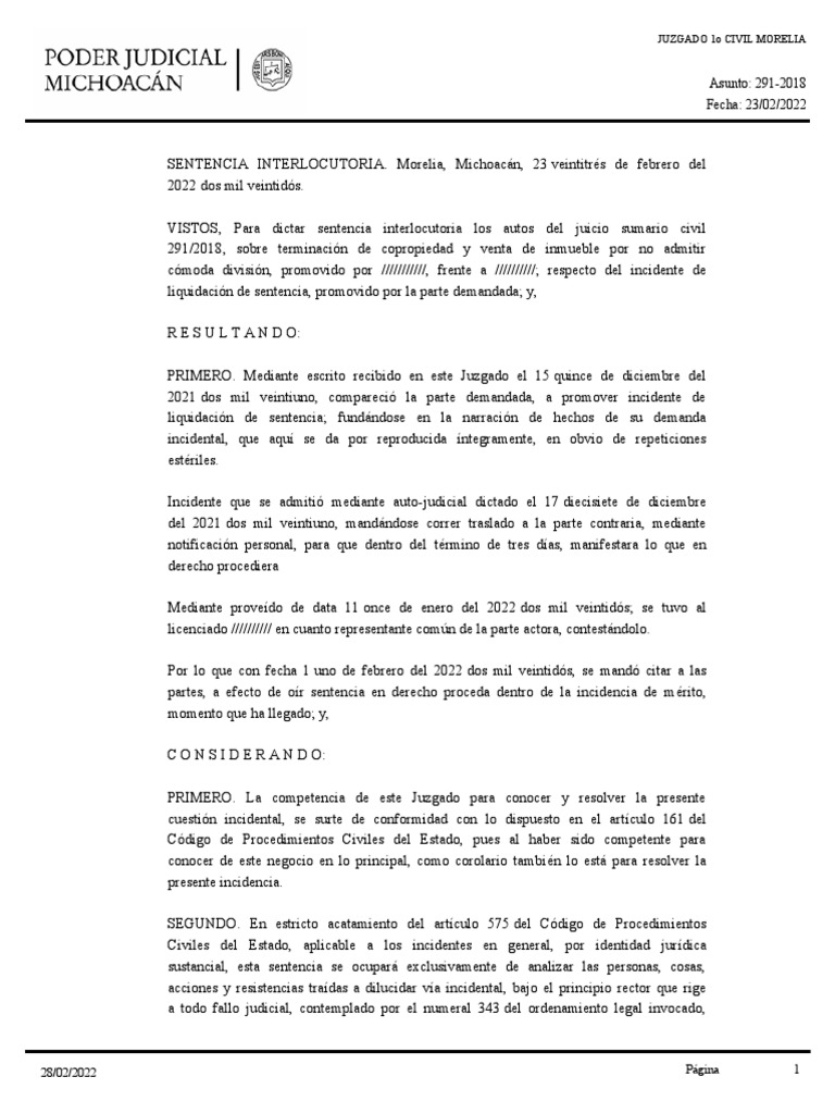 Incidente de Liquidación de Sentecia. Juicio de Copropiedad | PDF ...
