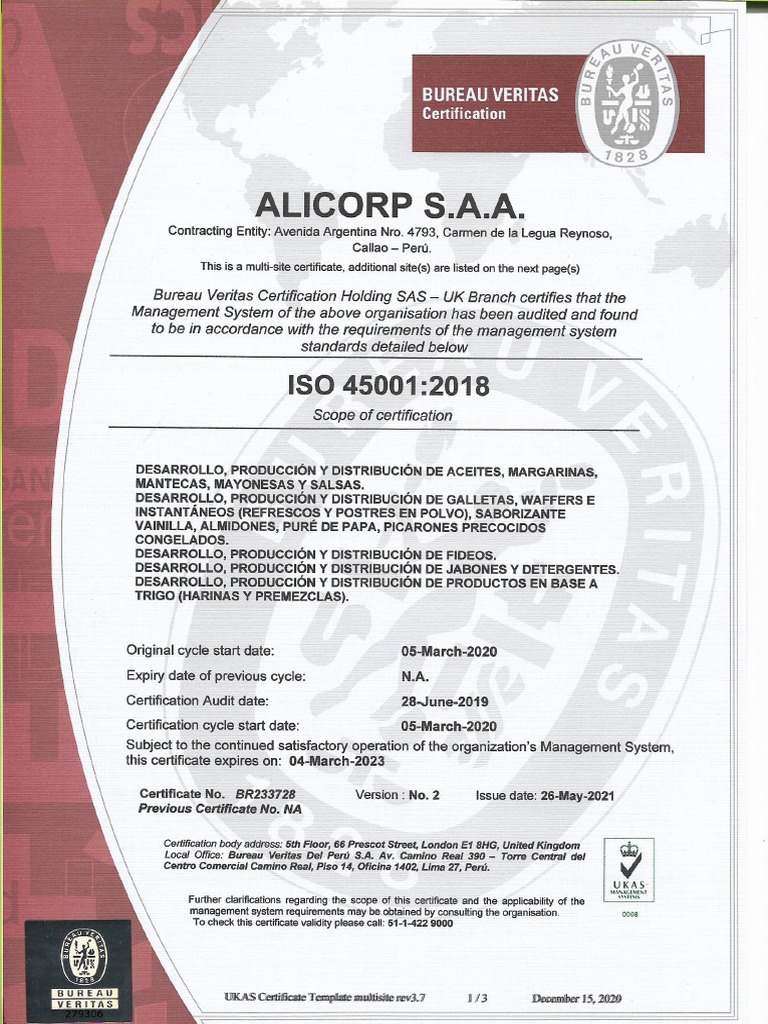Certificado - ALICORP ISO 45k | PDF