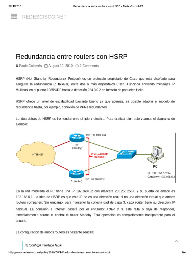 Redundancia Entre Routers Con HSRP | PDF | Enrutador (Computación ...