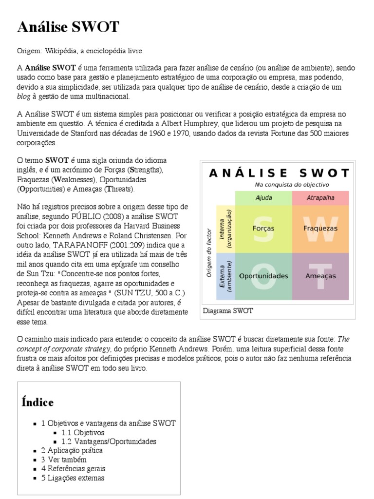 Análise SWOT – Wikipédia, a enciclopédia livre | Análise SWOT | Gestão ...