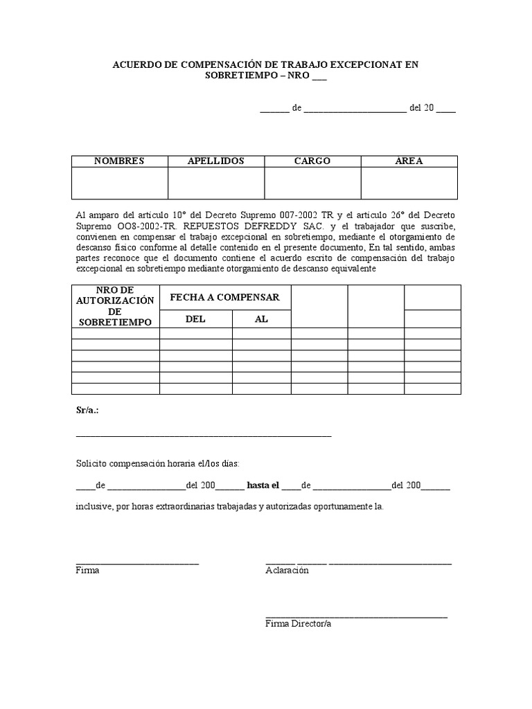 FORMATO DE Compensacion - Horaria | PDF