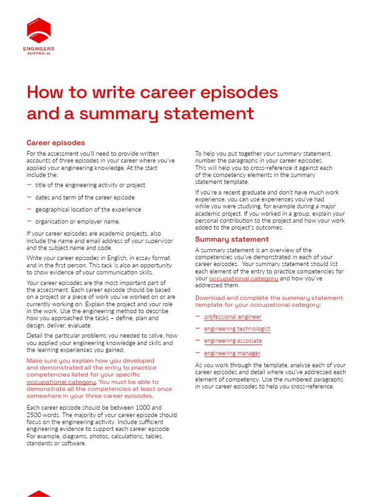 How To Write Career Episodes and Summary Statement | PDF | Engineering | Experience