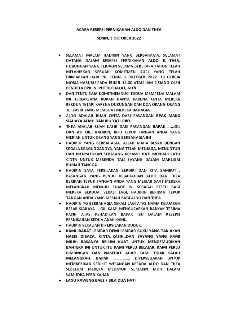 Acara Resepsi Pernikahan Aldo Dan Thea | PDF