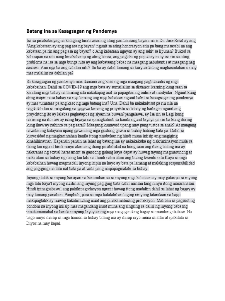 Batang Ina Sa Kasagsagan NG Pandemya | PDF Batang Ina Sa Kasagsagan NG Pandemya | PDF