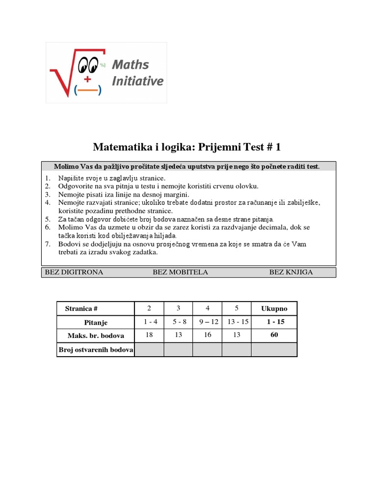 Matematicko Logicki Test Primjer 1 - 1496395379 - 221017 - 185815 | PDF