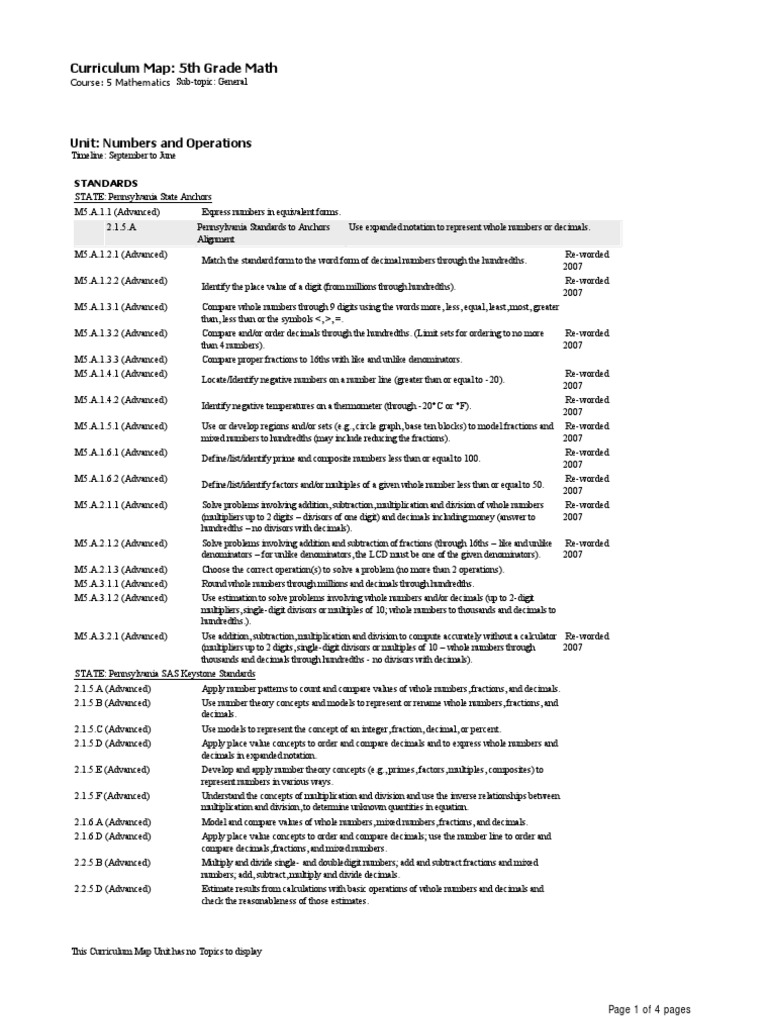 5th Grade Math Curriculum Map | PDF | Fraction (Mathematics) | Integer