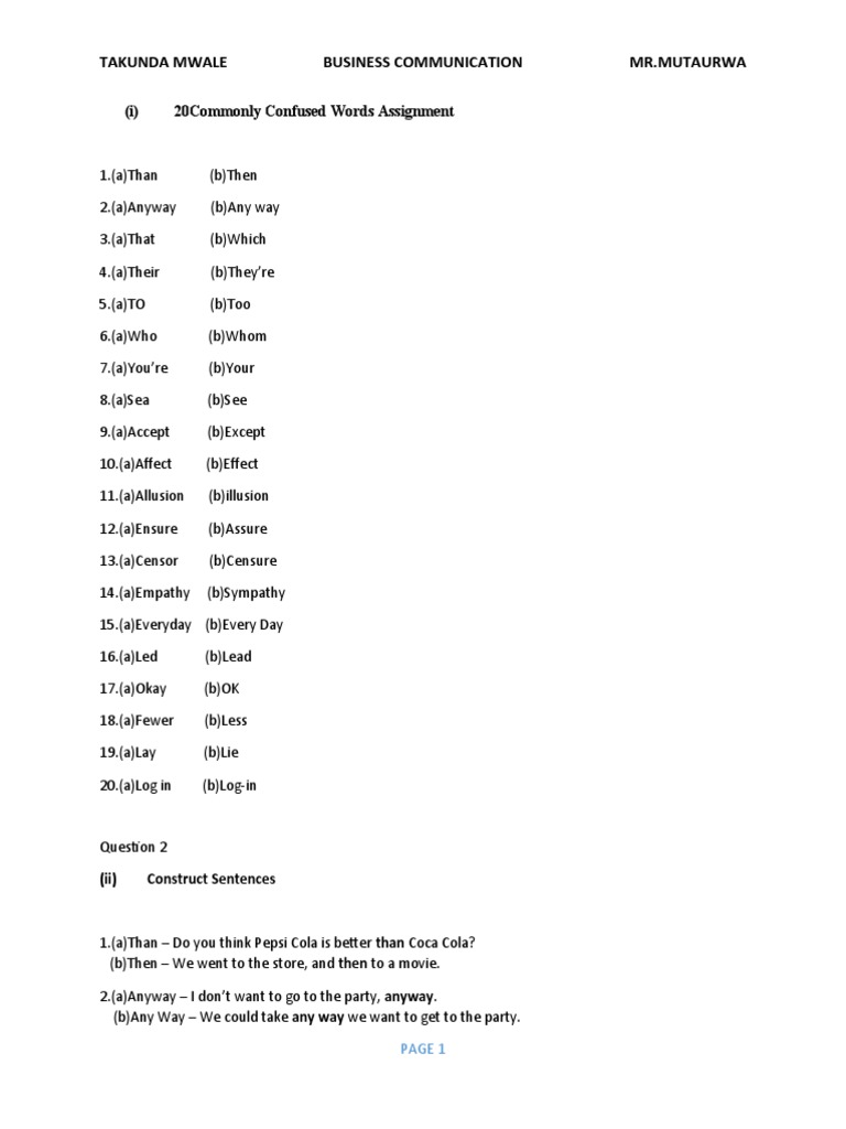 20commonly Confused Words Assignment | PDF