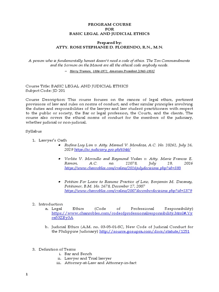 Program Course For Ethics | PDF | Lawyer | Judiciaries