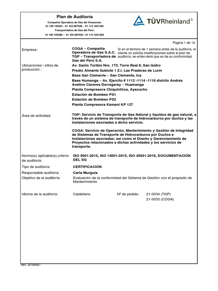 Plan de Auditoría TR Peru Rev. 20180607.TGP y COGA.v.03.1 VFF | PDF ...