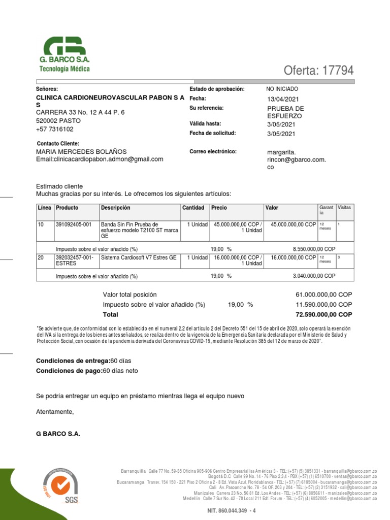 Cotizacion Banda Prueba de Esfuerzo 17794 | PDF | Oferta (economía)