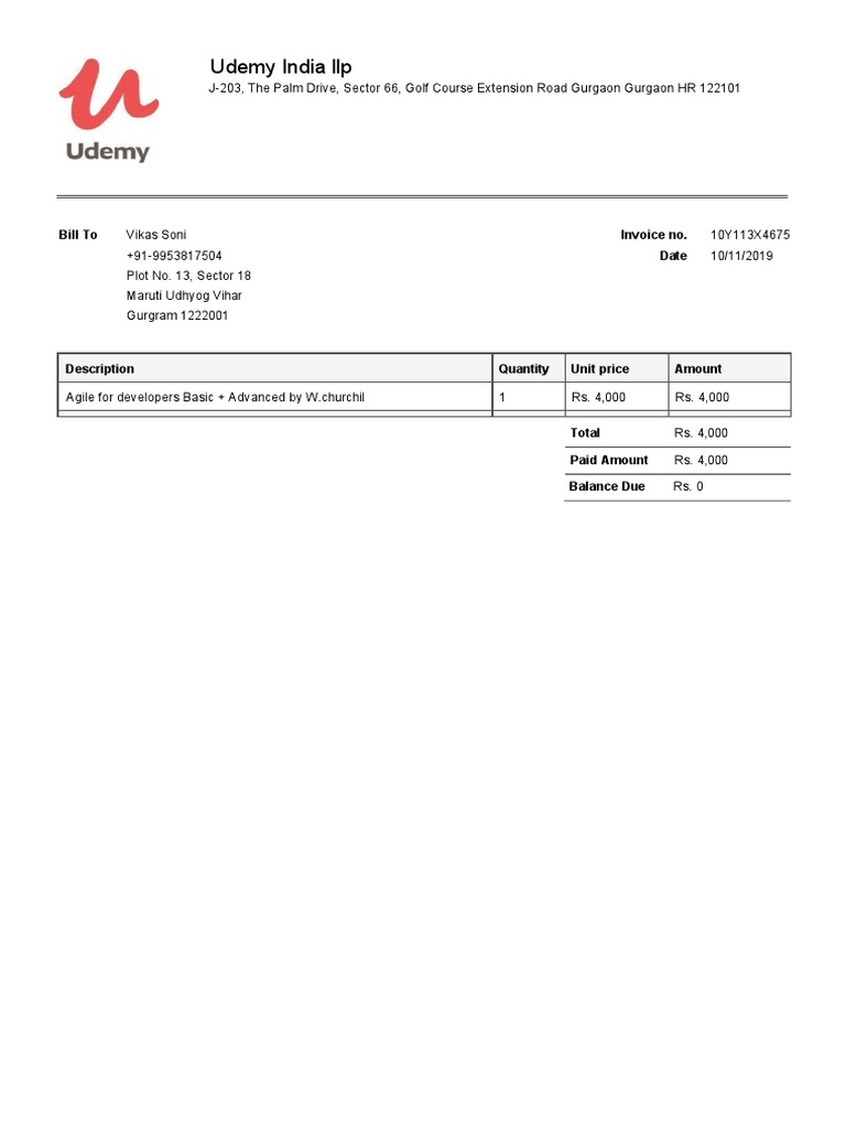 Udemy India LLP Bill To Invoice No Date | PDF