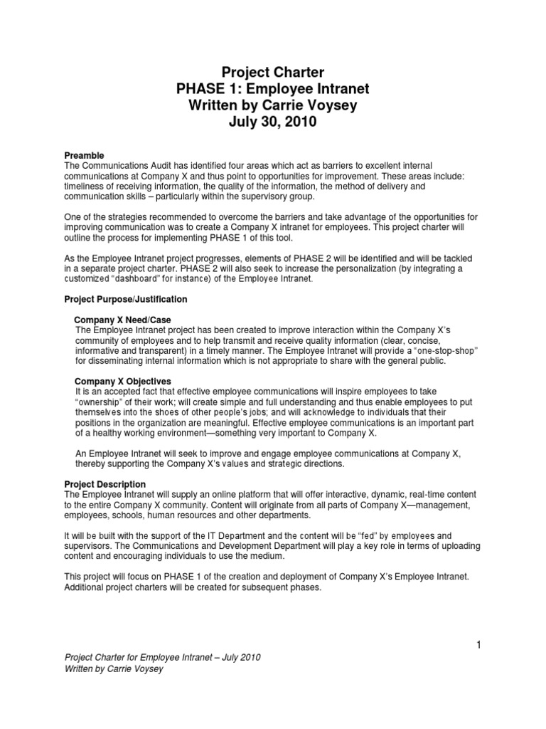 Employee Intranet Project Charter | PDF | Employment | Budget