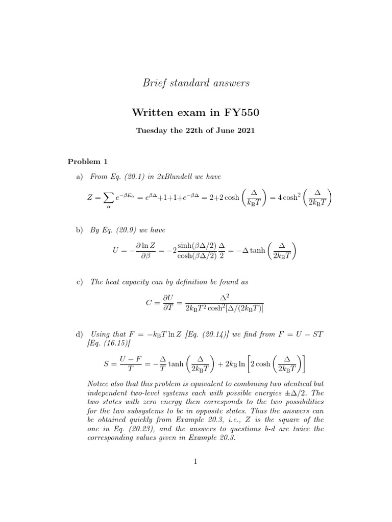 Exam FY550 June 2021 Answers | PDF | Entropy | Temperature