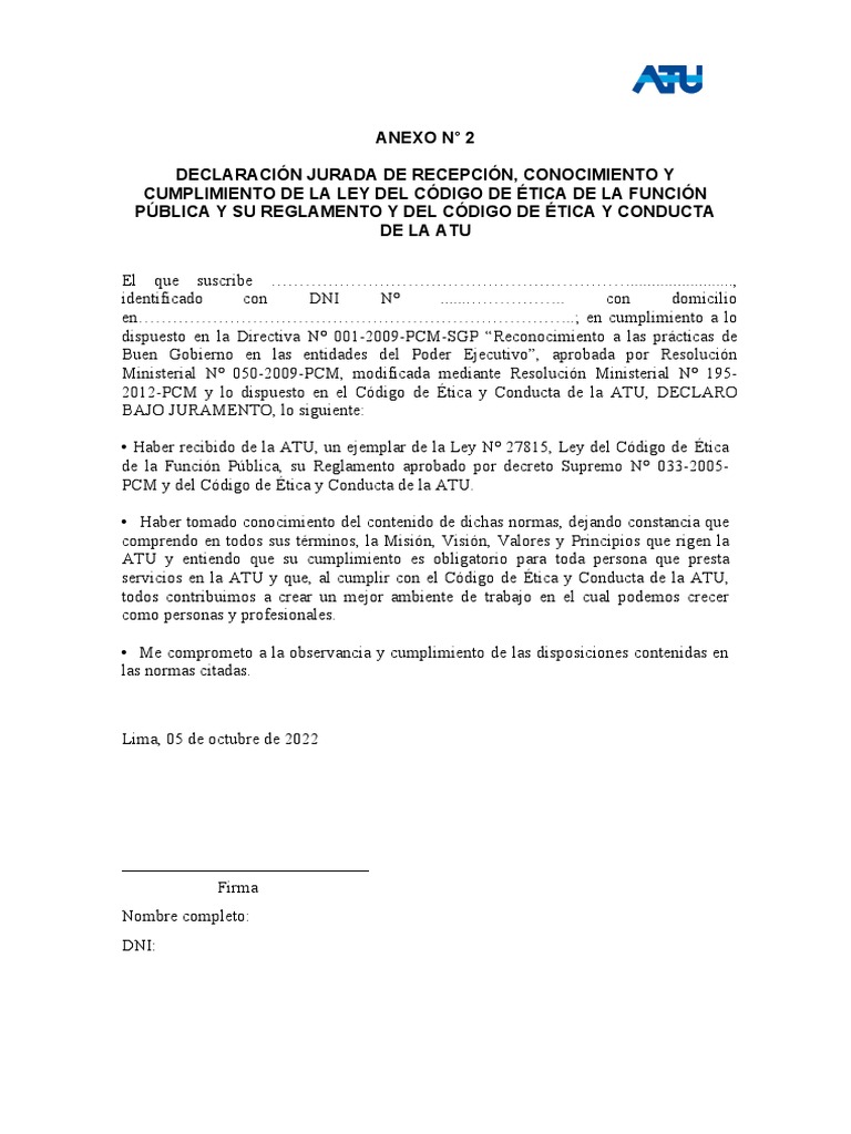 DECLARACION JURADA - Anexo 02 | PDF