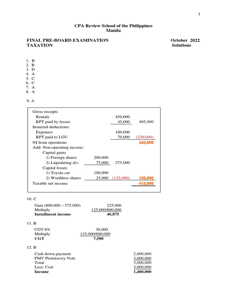 Taxation Final Pre-Board - Solutions | PDF | Tax Deduction | Value ...