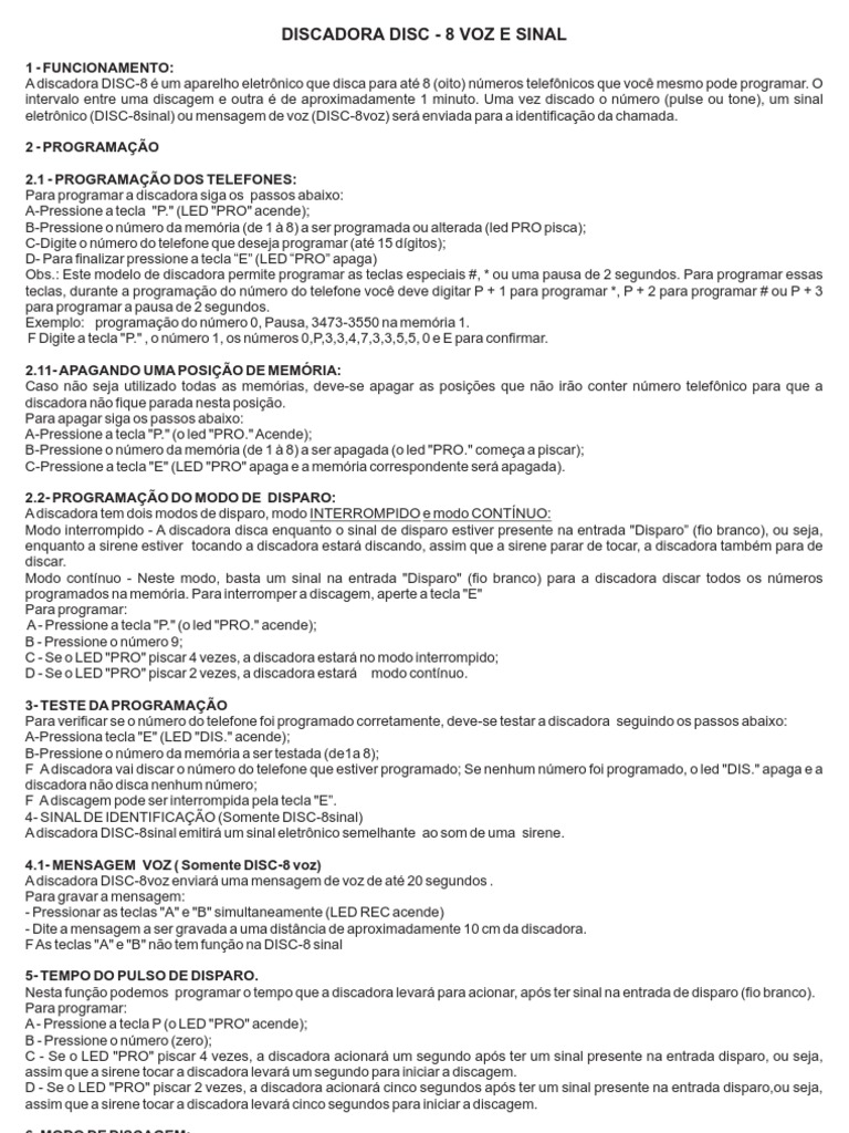 Manual da Discadora DISC-8 | PDF | Telefone | Diodo emissor de luz