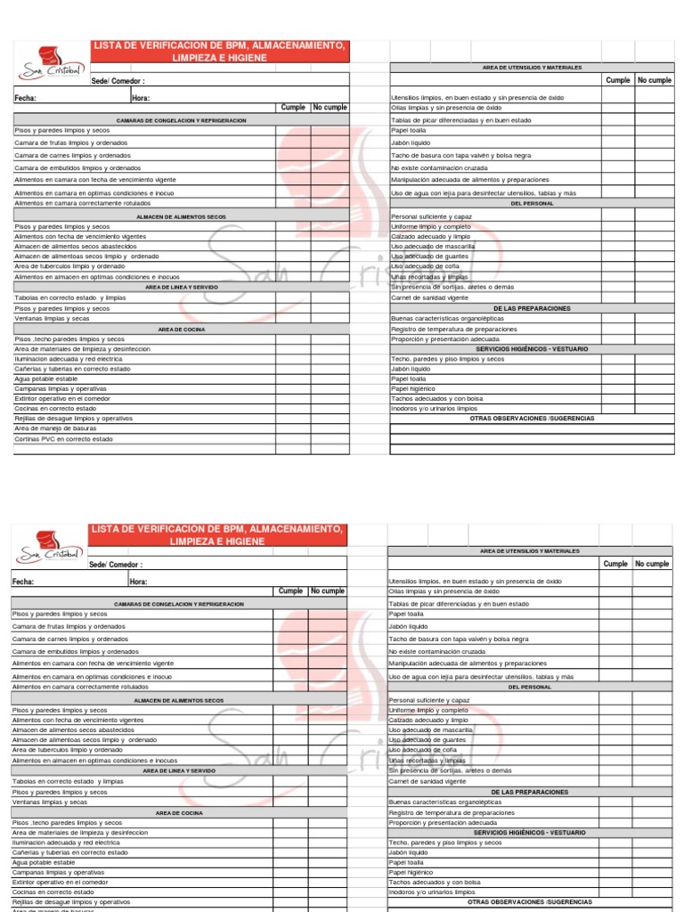 BPM Check List .San Cristobal Nutricion | PDF | Alimentos | Cocina