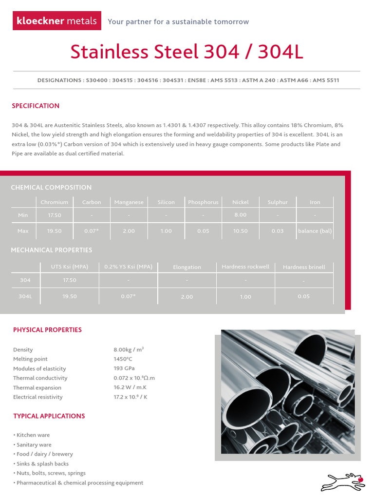 Stainless Steel 304/304L Properties Guide | PDF | Pipe (Fluid ...