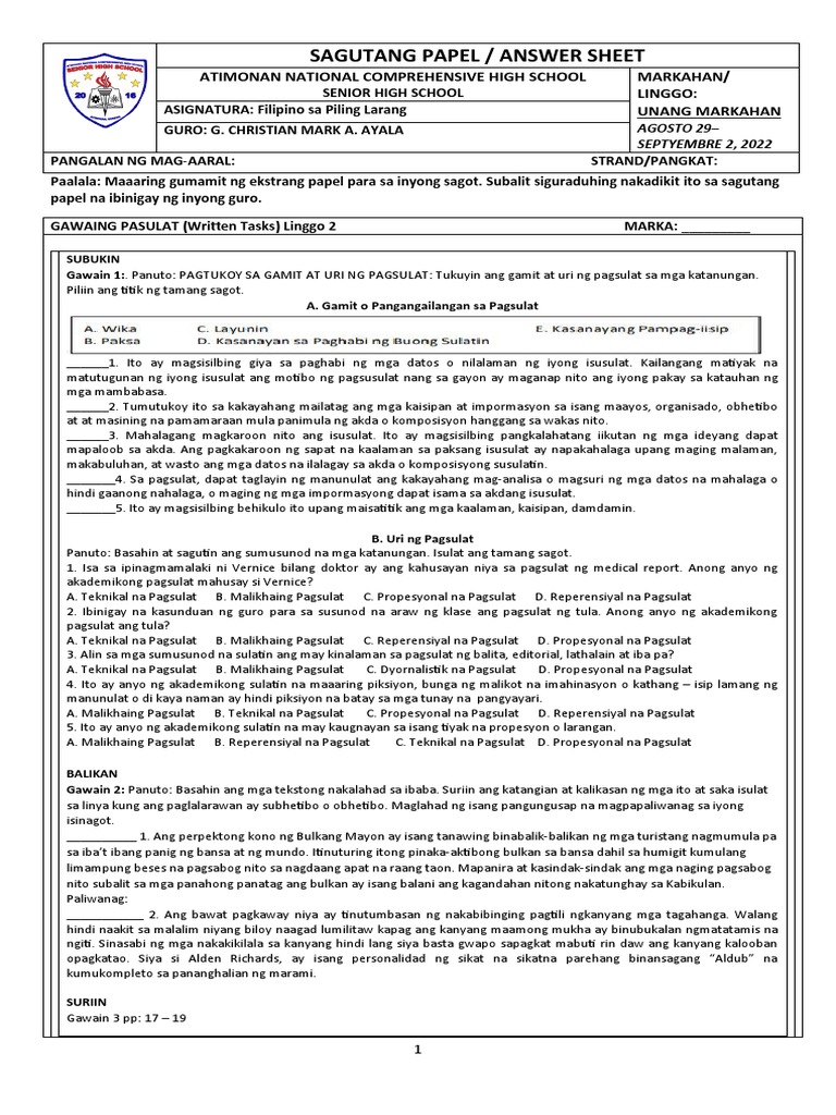 Shs-As-Fpl Week-2 | PDF
