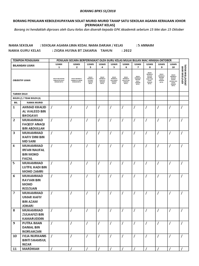BPK Solat Murid Sakj 2018 5 An Naim | PDF
