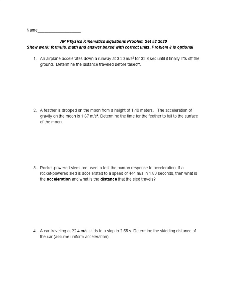 AP Physics Kinematics Equations Problem Set 2 2020 PDF | PDF