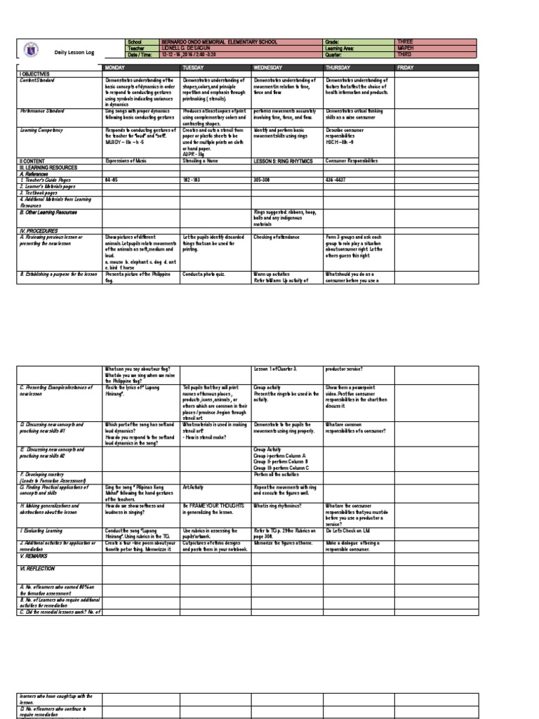 g3 DLL q3 Week 6 Mapeh | PDF | Learning | Teachers