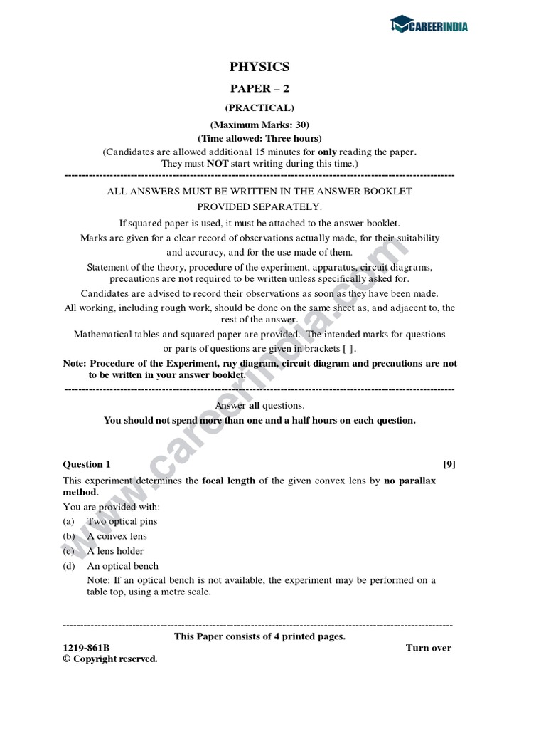 ISC Class 12 Physics Paper 2 (Practical) Question Paper - 2019 | PDF ...