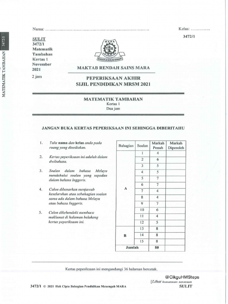 Kertas Trial Addmath MRSM k1 2021 + Skemadoc | PDF | Algebra | Mathematical Concepts
