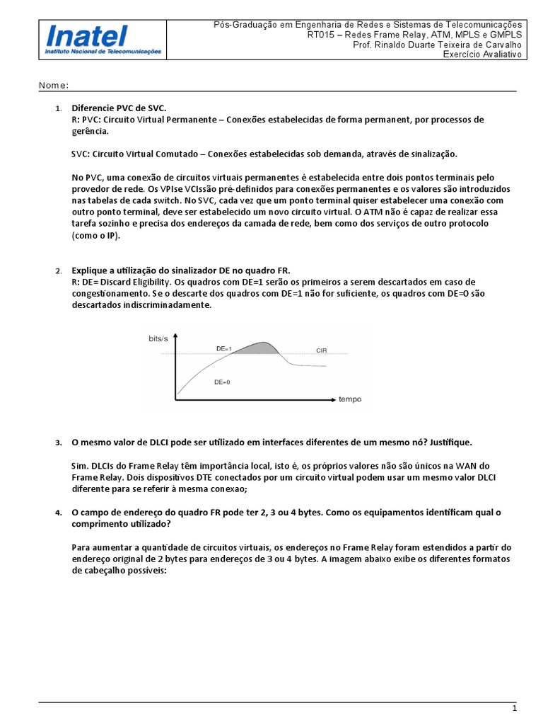 Exercício Avaliativo RT 015 | PDF | Modo assíncrono de transferência | Rede de computadores